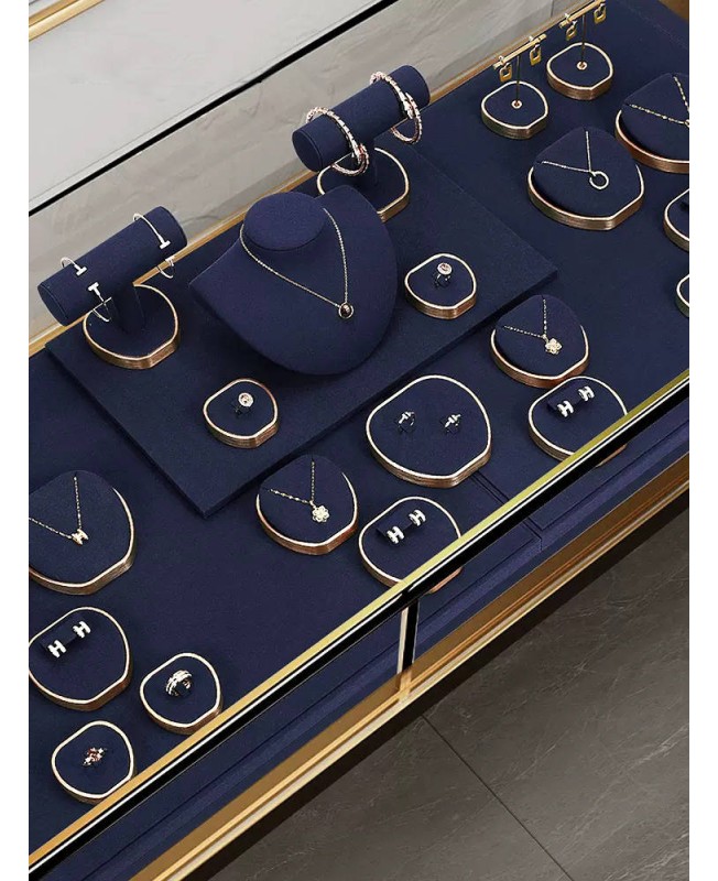 Luxury Gold Trim Navy Blue Velvet Jewelry Display Set - VM Fixtures